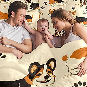 VAPOKF Duvet Covers Set Queen Size Soft and Breathable Microfiber Comforter Bedding Set 1 Duvet Cover 2 Pillowcase with Zipper Closure for Kids Women Men, Corgi Doga Paw Footprints