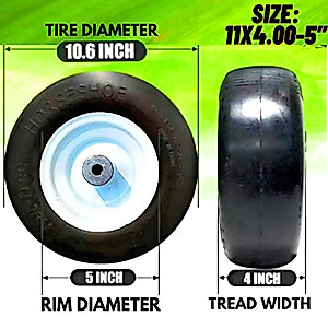 (2-Pcs-Set) New 11x4.00-5 Flat-Free Lawn Mower Smooth Tires w/Steel Rim for Zero Turn Lawn Mower Garden Tractor - hub 3"-5" with 3/4" Bore 114005 T161