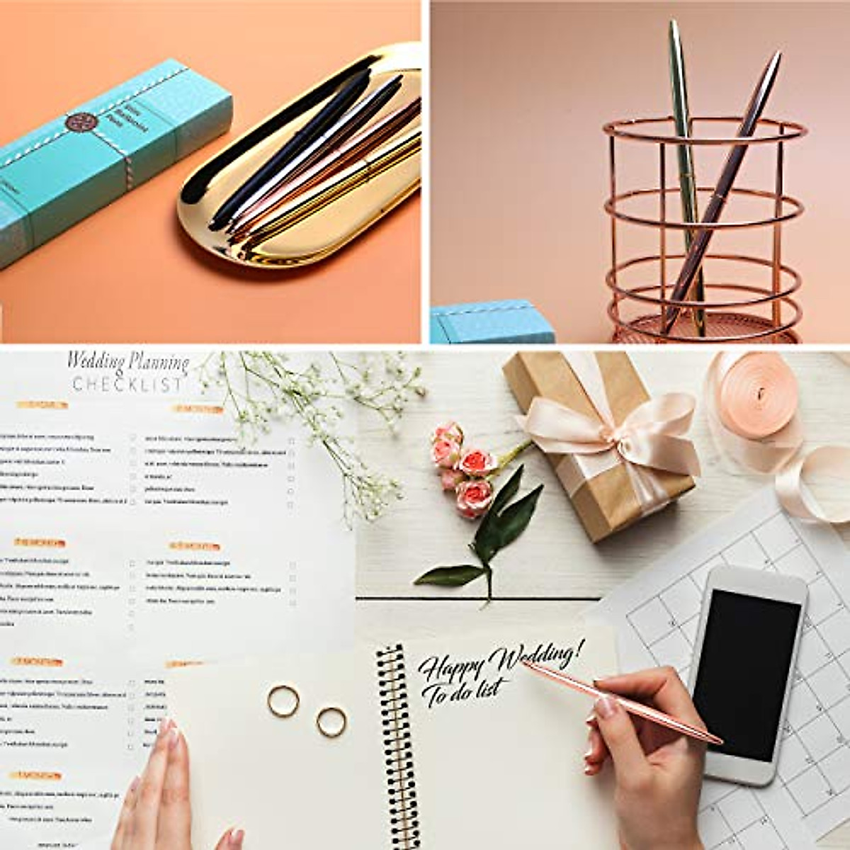 Oriday Chrome Ballpoint Slim Pens Set of 4 - Lightweight Metal Ball Point Pen in Black Ink Gift Box for Wedding, Student Gift, Bridal Shower (Gold, Black Ink)