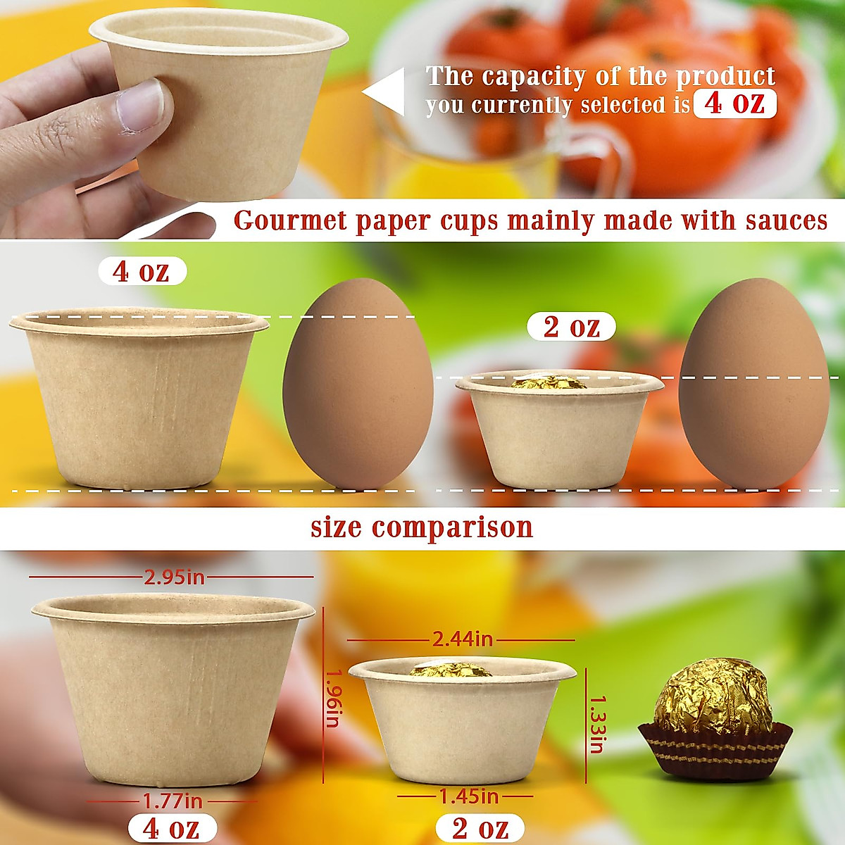 LeonBach 100 Pack Natural Bagasse Fiber Bowls 2oz Disposable Paper Cups Microwavable Safe Sample Snack Charcuterie Serving Cups for Sauce Portion Condiment Ice Cream Food Desserts