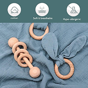 Baby Lovey, Wood Rattle, Teether Ring, 3 Pack Montessori Gift, Gray, Cotton, Double Gauze, Baby Shower, Gender Neutral Gift