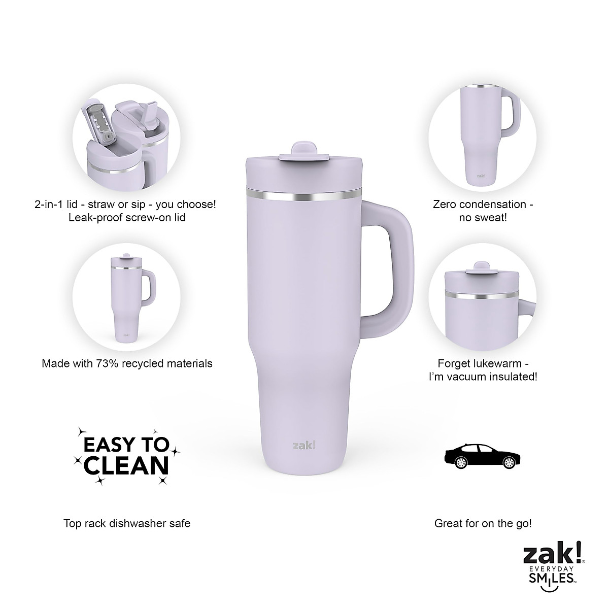 Zak Designs Harmony 2-in-1 Coffee Tumbler for Travel or At Home, 40oz Recycled Stainless Steel is Leak-Proof When Closed and Vacuum Insulated with Handle (Smoky Lilac Purple)