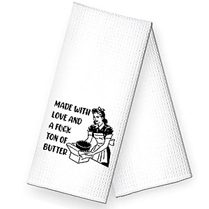 RZHV Made with Love and A Ton of Butter Kitchen Towel, Funny Retro Housewife Dish Towel Gift for Women Sisters Friends Mom Aunty Hostess Bake Lover, Housewarming New Home