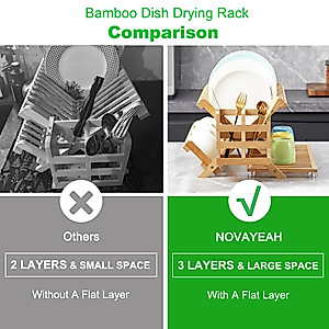 NOVAYEAH Bamboo Dish Drying Rack with Utensil Holder, Collapsible Wooden Dish Drainer Rack, 3-Tier Large Folding Drying Holder for Kitchen Counter