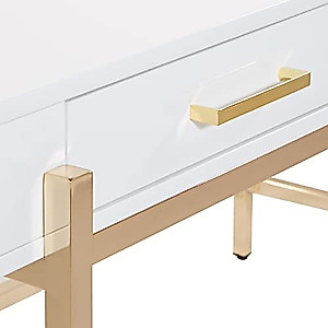 OSP Home Furnishings Broadway Modern Executive Desk with 3 Drawers and Charging Station, White Gloss Finish and Gold Frame