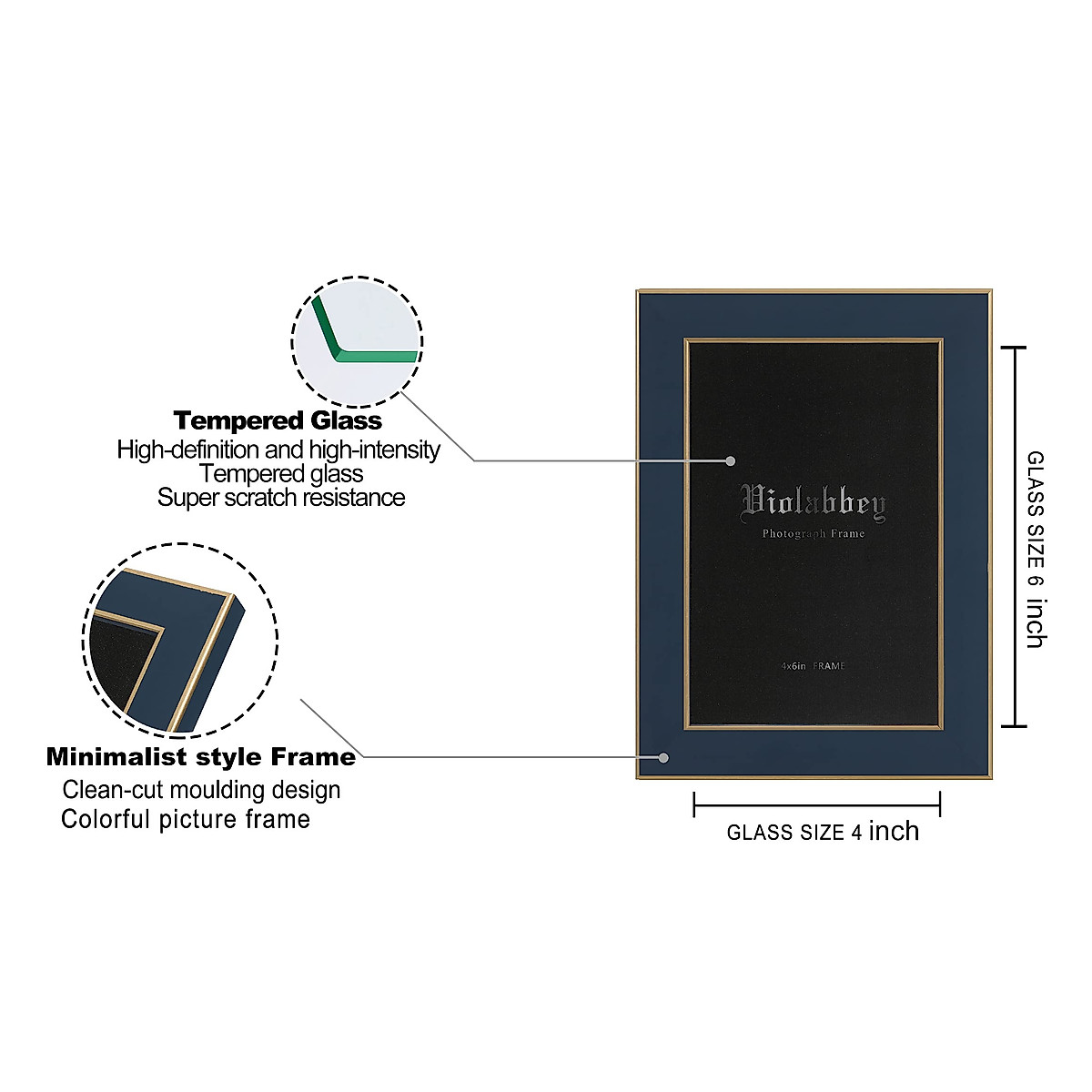VIOLABBEY 4x6 Picture Frames Navy Blue Set of 2, Modern Style 4 by 6 Photo Frame, High Definition Tempered Real Glass, Wall or Tabletop Display