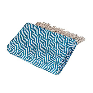 100% Cotton Throw Blanket 50x60 - Turquoise Throw Blanket with Fringe - Soft Lightweight Bed Throw for Couch, Chair - Cozy Farmhouse Throw Blanket - Decorative Throw Blanket - Home Living Room Decor