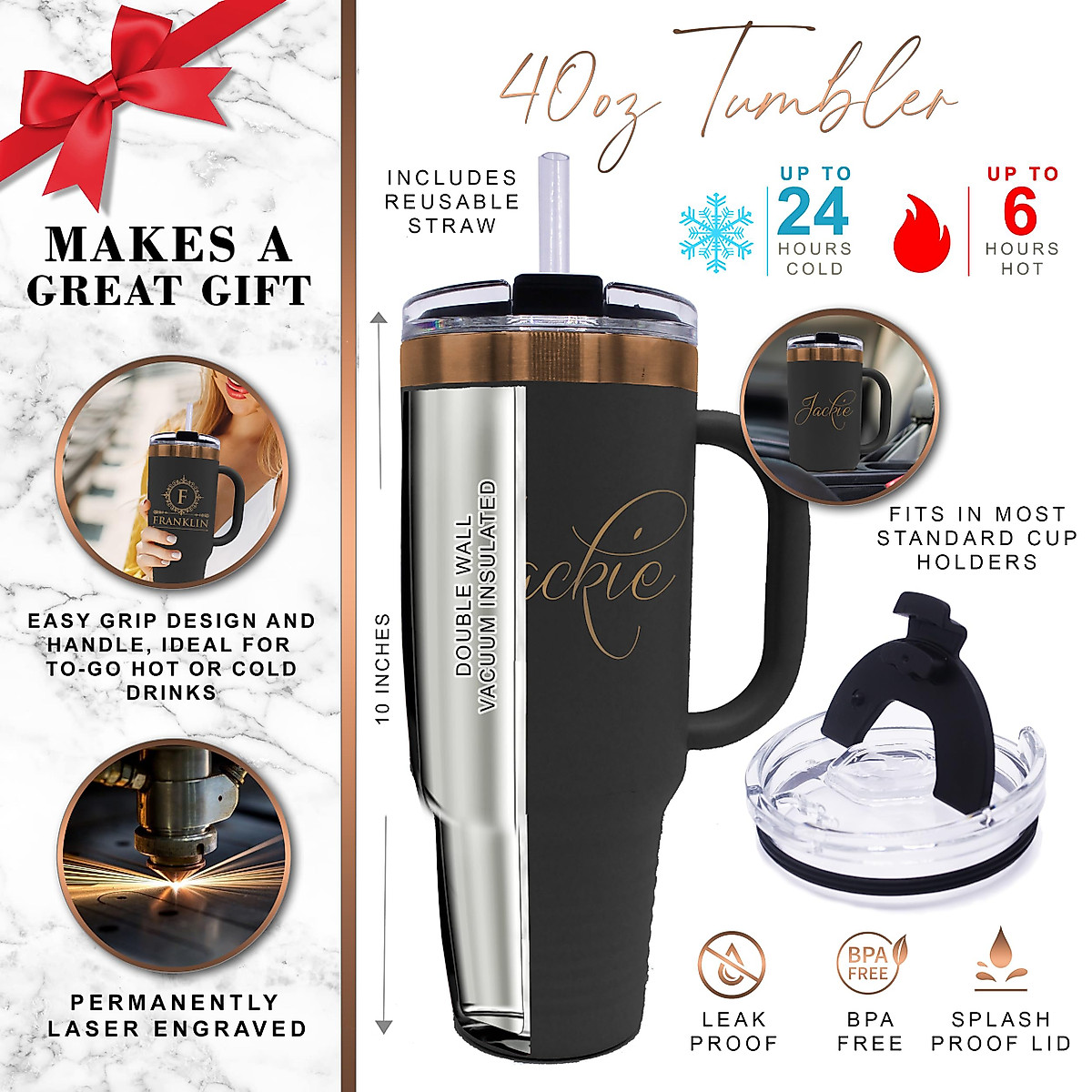 Custom Monogrammed 40 oz Tumbler with Handle, Lid and Straw - Personalized Insulated Stainless Steel Large Cup (Black with Gold)