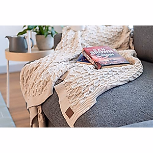 100% Organic Cotton – GOTS Certified | Knit Throw Blanket | Couch and Bed Throw Blankets | Knitted Throws | Adult Cable Knit (60 x 50 in, Ivory)