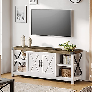 58 Inch TV Stand for TV up to 50 60 65 Inches, Farmhouse Wood TV Cabinet Entertainment Center with Storage and Adjustable Shelves (White)