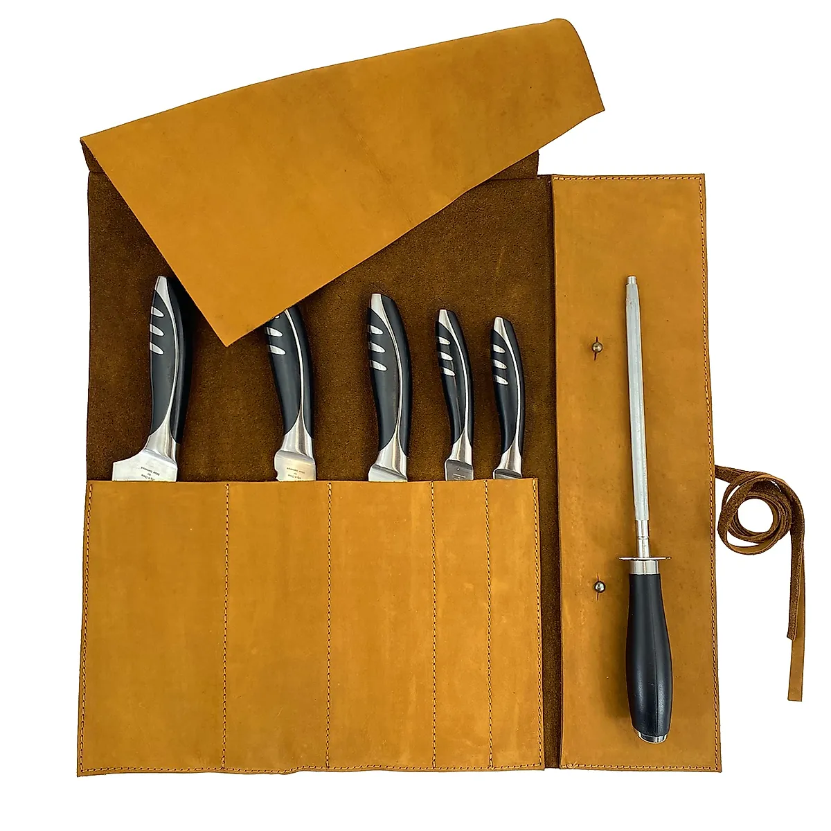 Weatherproof, Rustic Knife Roll Case (5 pockets) Handmade from Suede Leather - Compact Carry On Bag for Traveling Chefs & Cooks, Kitchen Tool Storage Organizer :: Old Tobacco