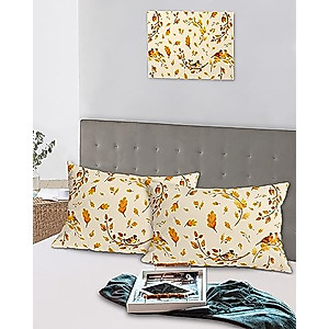 Edwiinsa Autumn Leaves Pillow Covers King Standard Set of 2 Bed Pillow, Farmhouse Fall Forest Maple Birds Plush Soft Comfort for Hair/Skin Cooling Pillowcases with Envelop Closure 20x36 Inches