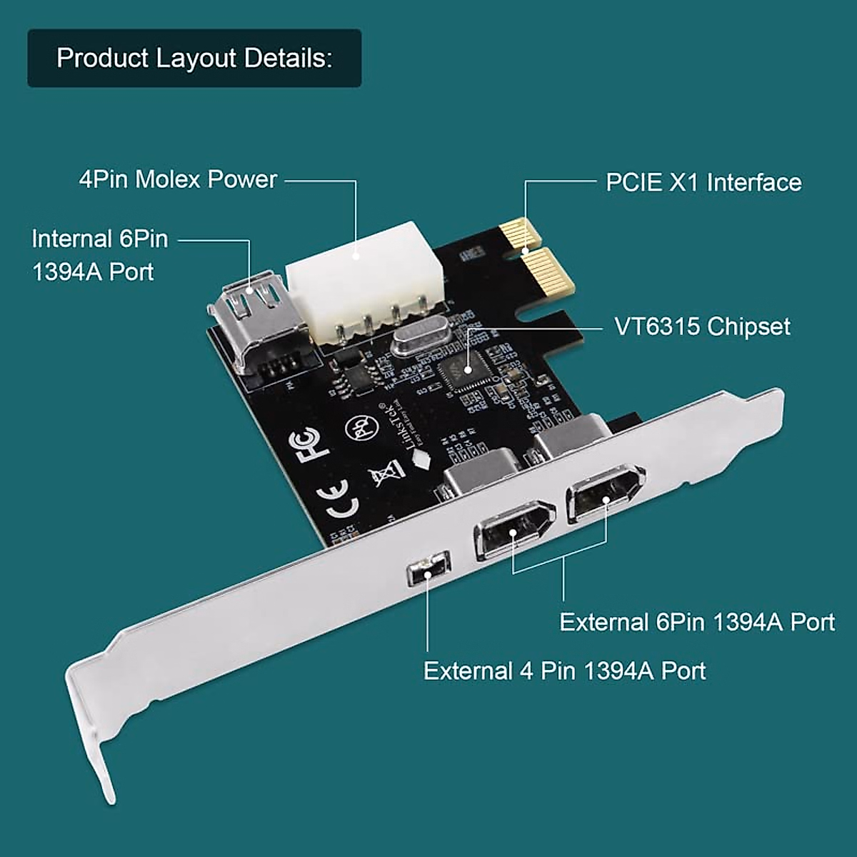 LinksTek 4-Ports 1394A PCIE FireWire 400 Expansion Card for Windows Desktop PCs, 3X 6Pin and 1X 4Pin 1394A 400Mbps Ports, with 4Pin-6Pin 1394A Cables and Low Profile Bracket (PCIE-1394A)