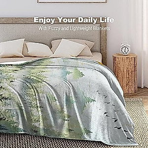Misty Forest Mountain Blanket Lightweight FlannelWatercolor Foggy Green Rustic Woodland Landscape Birds Nature Art Throw Blanket for Women Men Soft Cozy Plush Warm Fleece Birthday Gifts 50"x60"