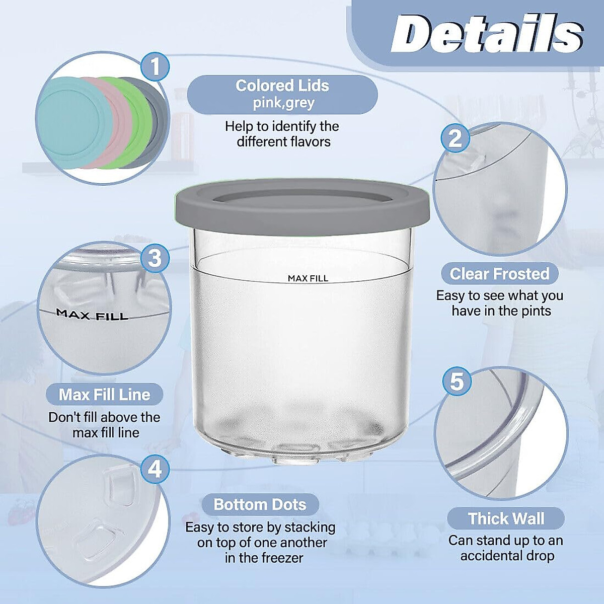 Ice Cream Pints Cup,Creami Pint Containers with Lids for Ninja Cream Pints,Creami Pints Kitchen Accessories,for NC301 NC300 NC299AMZ Series Ice Cream Maker,Dishwasher Safe