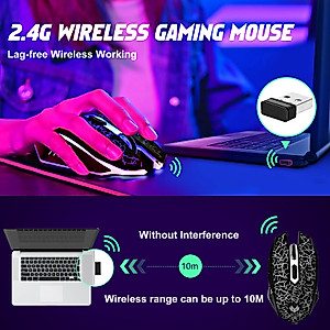 LuLabboard Wireless Gaming Mouse, Rechargeable Wireless Computer Mouse, 7-Color LED Light, Ergonomic Mouse with 6 Silent Click Buttons, 3 Adjustable 2400 DPI Wireless Mouse for Laptop,PC,Mac, Black