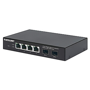 Intellinet 4-Port Industrial Gigabit Ethernet Switch with 2 SFP Ports-IP40 Rated Metal Housing, DIN-Rail Mount, Terminal Block Powered–for Computer Desktop Internet Networking-3 Yr Mfg Warranty-508247