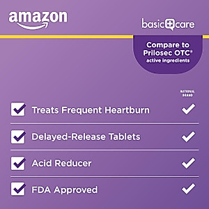 Amazon Basic Care Omeprazole Delayed Release Tablets 20 mg, Treats Frequent Heartburn, Acid Reducer, Heartburn Medicine, 42 Count (Pack of 1) (Packaging may vary)