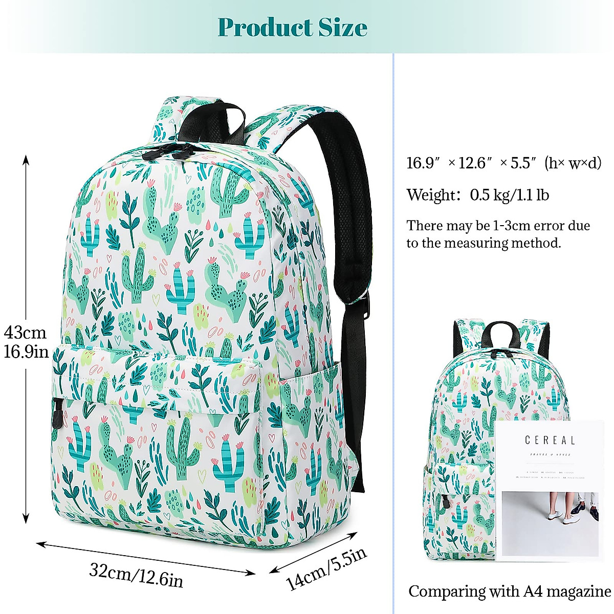 MIRLEWAIY 15.7 inch Kids Travel Backpack for School Girls Elementary, Cactus