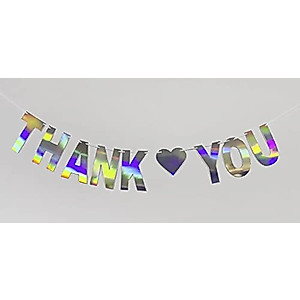 Blukey Holographic Thank You Banner Hanging Bunting String Flag Iridescent White Thanksgiving Banners and Signs