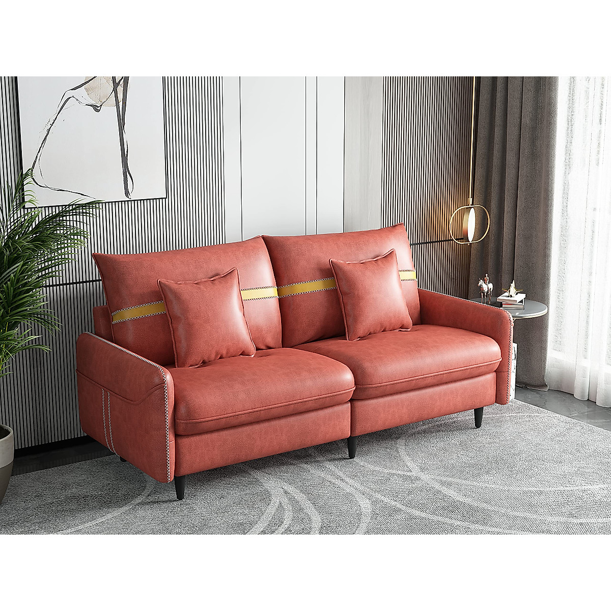 LCH 3 Durable Couch, Mid-Century Tufted Love Seat,Practical Comfortable, Suitable for Living Room, Bedroom, Office and Apartment,2 Pillows Included, Three-Seater Sofa,Orange