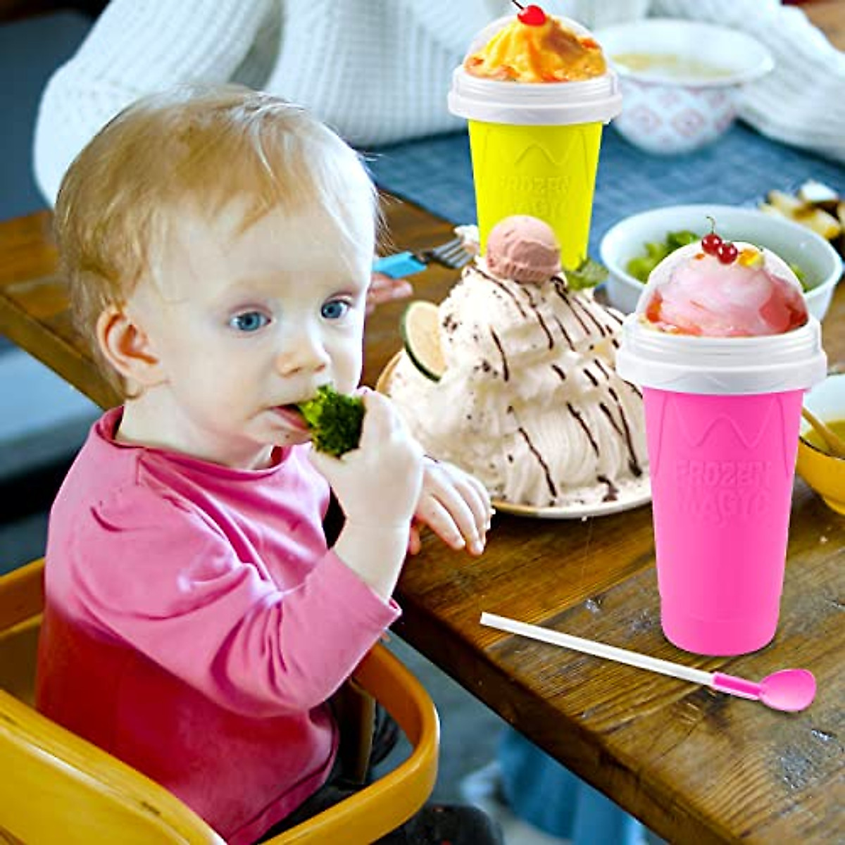 QwayHome 2PC Slushie Maker Cup,DIY Frozen Magic Slushy Cup,Double Layers Silica Smoothie Pinch Ice Cup,Quick Cooling Cup Homemade Milk Shake Ice Cream Maker (Yellow+Pink)