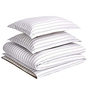 Amazon Basics 3-Piece Lightweight Microfiber Duvet Cover Set with Zipper Closure, King, Taupe Stripe, Striped
