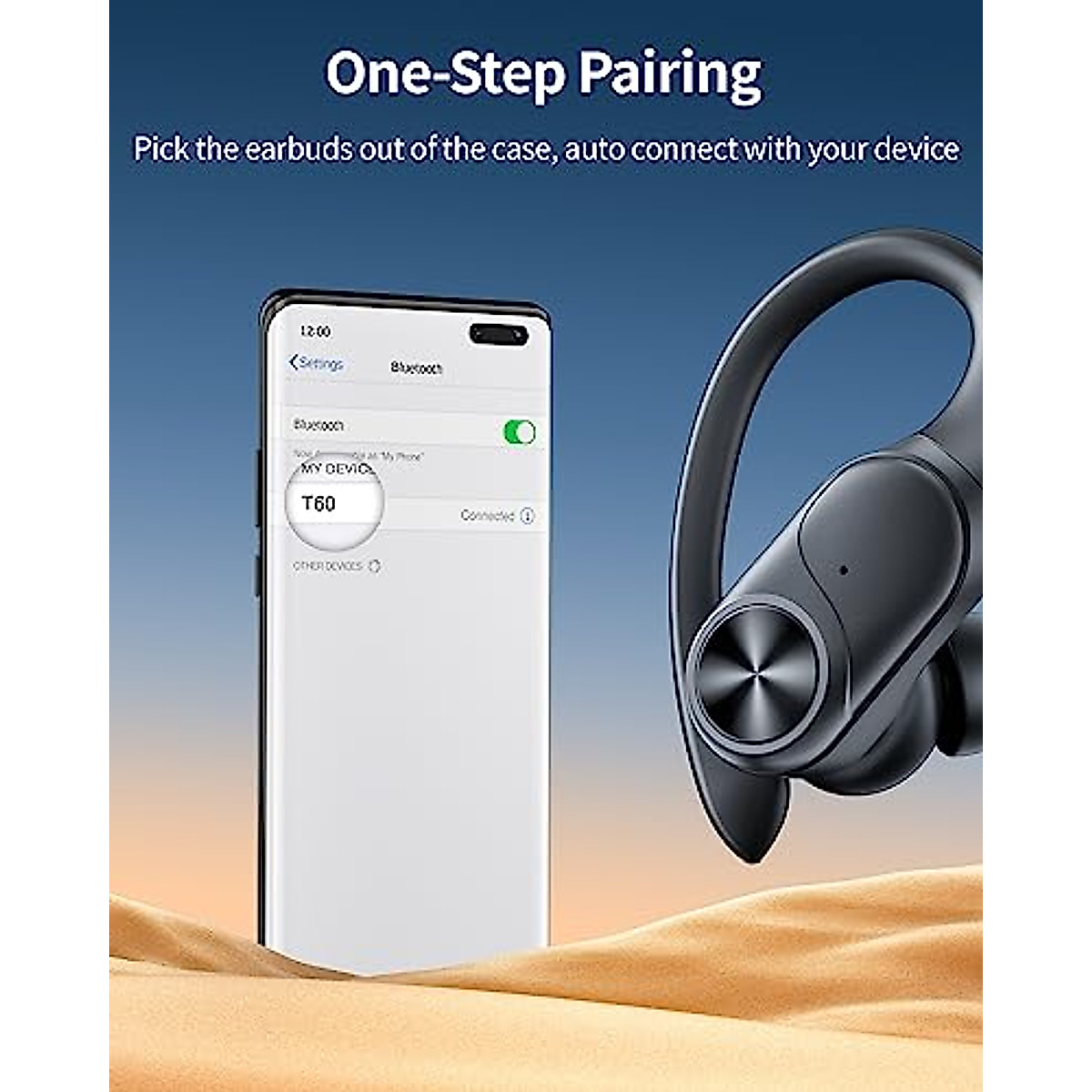 Bluetooth Headphones Wireless Earbuds 80hrs Playtime Wireless Charging Case Digital Display Sports Ear buds with Earhook Premium Deep Bass IPX7 Waterproof Over-Ear Earphones for TV Phone Laptop Black