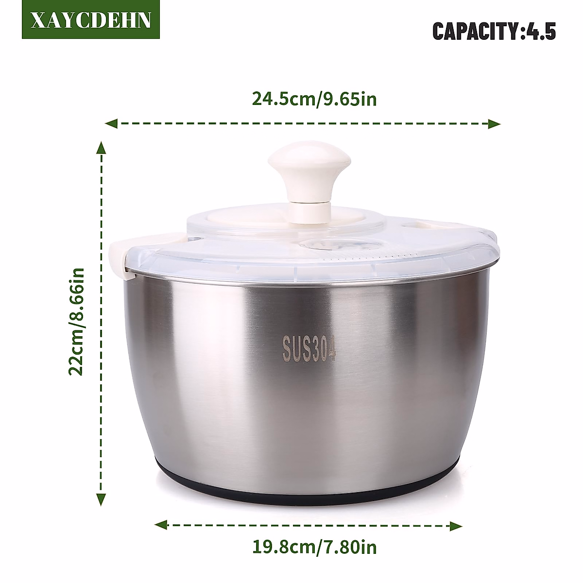 Stainless Steel Salad Rotator, 5-quart Vegetable Dishwasher,Lettuce Cleaner and Dryer, Stainless Steel Salad Spinner, Salad Spinner