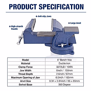 LFGUD 6" Bench Vise, 6" Jaw Width 6.5" Jaw Opening 360° Swivel Base Clamp Table Vise Heavy Duty Bench Vise for Woodworking, Cutting Conduit, Drilling, Metalworking, Home Workshop Use and DIY Jobs