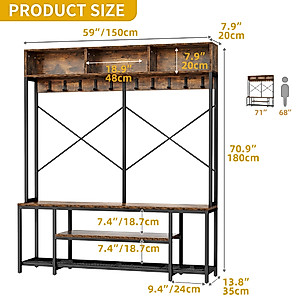 DWVO 5-in-1 Hall Tree with Shoes Storage, Large Coat Rack Shoe Storage Bench, 10 Hooks for Hallway Entryway Bench with Coat Rack, Hall Tree with Bench and Shoe Storage, Rustic Brown