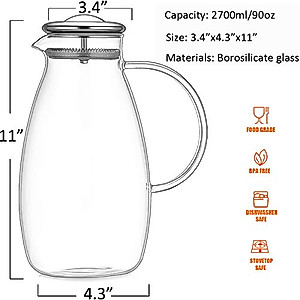 [90 OZ] Glass Pitcher with Stainless Steel Lid, Hot/Cold Water Jug, Juice and Iced Tea Borosilicate Glass Beverage Carafe, 100% Lead-free