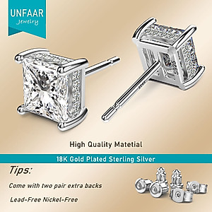 UNFAAR 18K White Gold Plated Sterling Silver Princess Cut Cubic Zirconia Stud Earrings Square CZ Diamond Stud Earrings for Women Men Hypoallergenic (6MM, Clear)