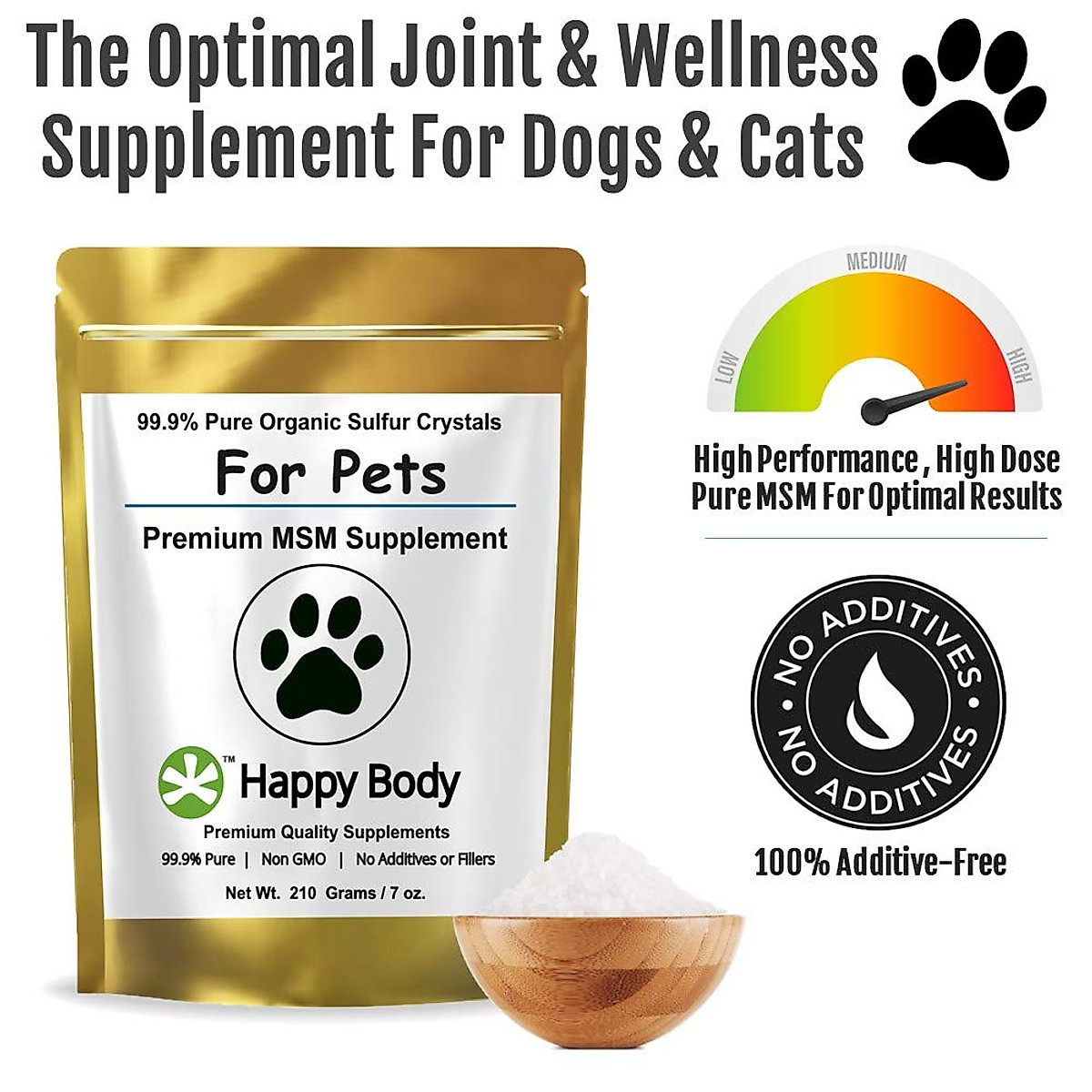 Pure MSM Joint Supplement for Dogs, Cats, & Horses – 100% Additive-Free – High Performance, Supports Senior Pets Wellness, Healthy Joints, Mobility, Aches, & Fatigue – HAPPY BODY - 7oz