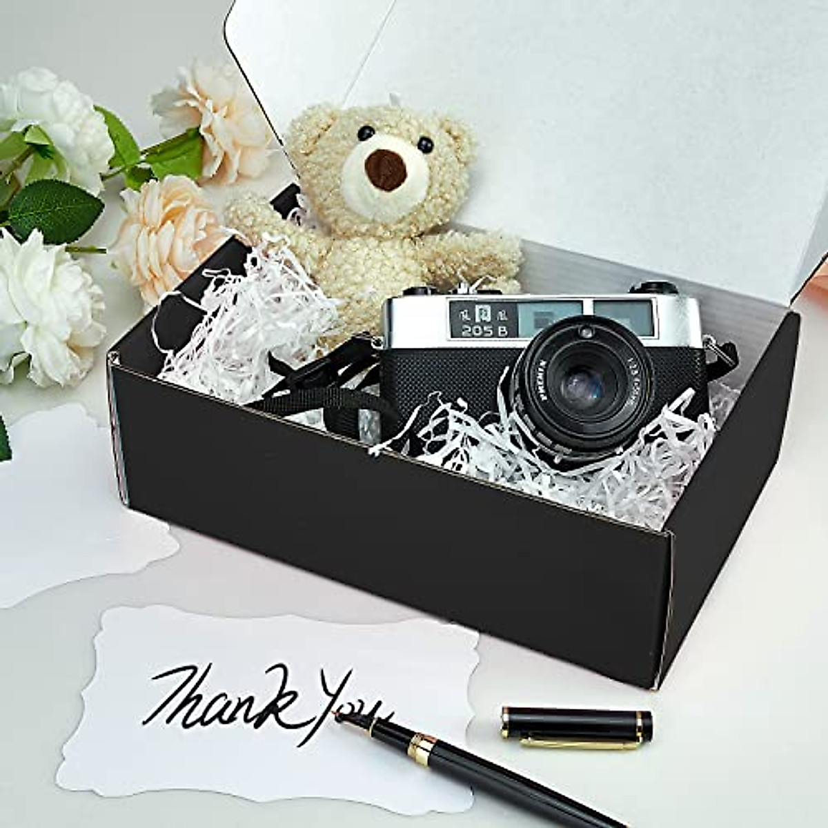 12 Pack Small Medium Black Gift Boxes Corrugated Packaging Boxes Mailers for Small Business, Recyclable Cardboard Mailing Boxes with 24 Pieces Blank Gift Cards and Paper Fillers (9x6x3 Inch, Black, 12 Pack)