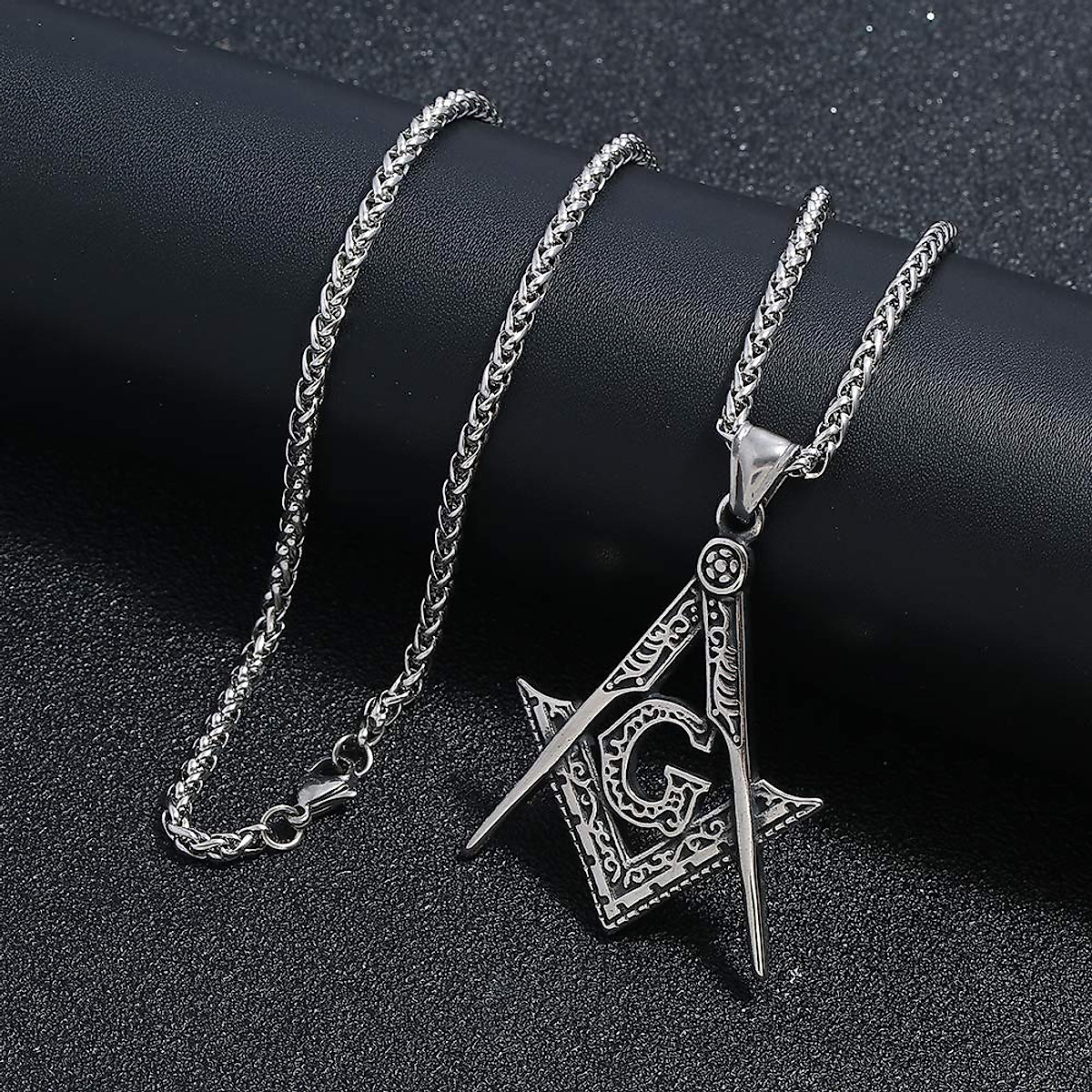 FIZIZDH Stainless Steel Freemason Masonic Pendant Necklace, Unisex, 24 inch Keel Link Chain
