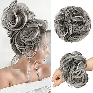 FESHFEN Messy Bun Hair Piece - Large Wavy Curly Elastic Hair Bun Scrunchies Ponytail Extensions Synthetic Chignon Hairpieces for Women, Gray and White Tips 1.94oz