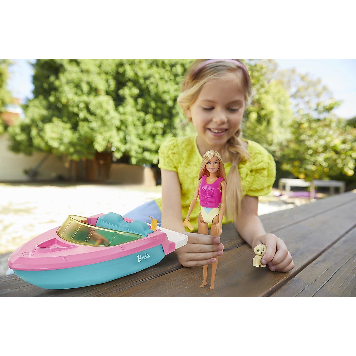 Barbie Toy Boat with Pet Puppy, Life Vest & Beverage Accessories, Fits 3 Dolls & Floats in Water