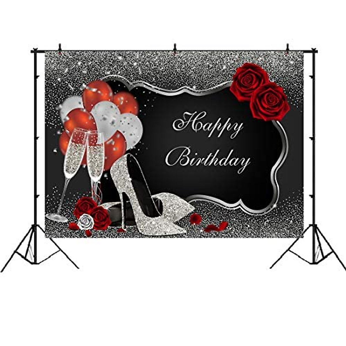Sliver and Black Happy Birthday Backdrop Glitter Sequin High Heels Champagne Glasses Red Rose Balloons Adults Women Party Photography Background Old Age Party Decorations Supplies Banner