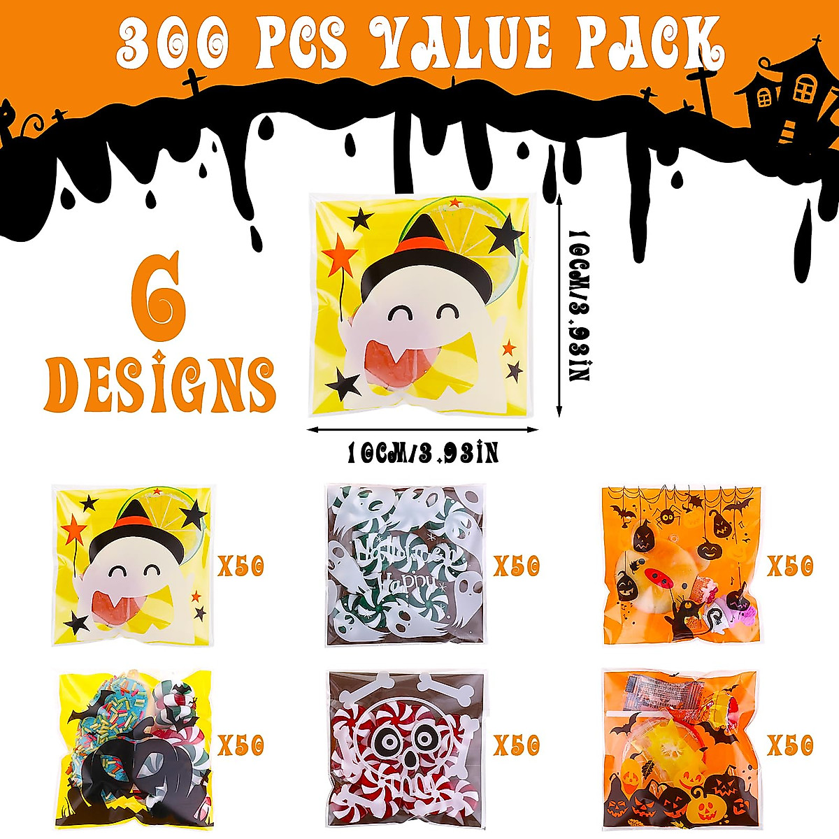 300 Pcs Halloween Treat Bags, 6 Cute Style Candy Bags Clear Trick or Treat bags Self Adhesive Plastic Bags Bulk for Halloween Party Favor Supplies Gift (A)