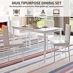 Hooseng Dining Table Set for 4, Space Saving Kitchen Table and Chairs for 4, 5 Pieces Faux Marble Dining Room Table Set with 4 PU Leather Chairs for Small Space, Living Room, Breakfast Nook, White