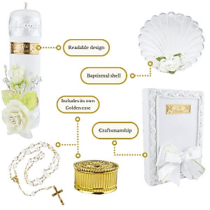 5 Pcs White Baptism Candle Set for Boys and Girls - Velas para bautizo - Vela de bautizo para niño - Vela para bautizo de niña - Catholic Baptism Candle Set Girl - Baptism kit Baptism Shell Bible
