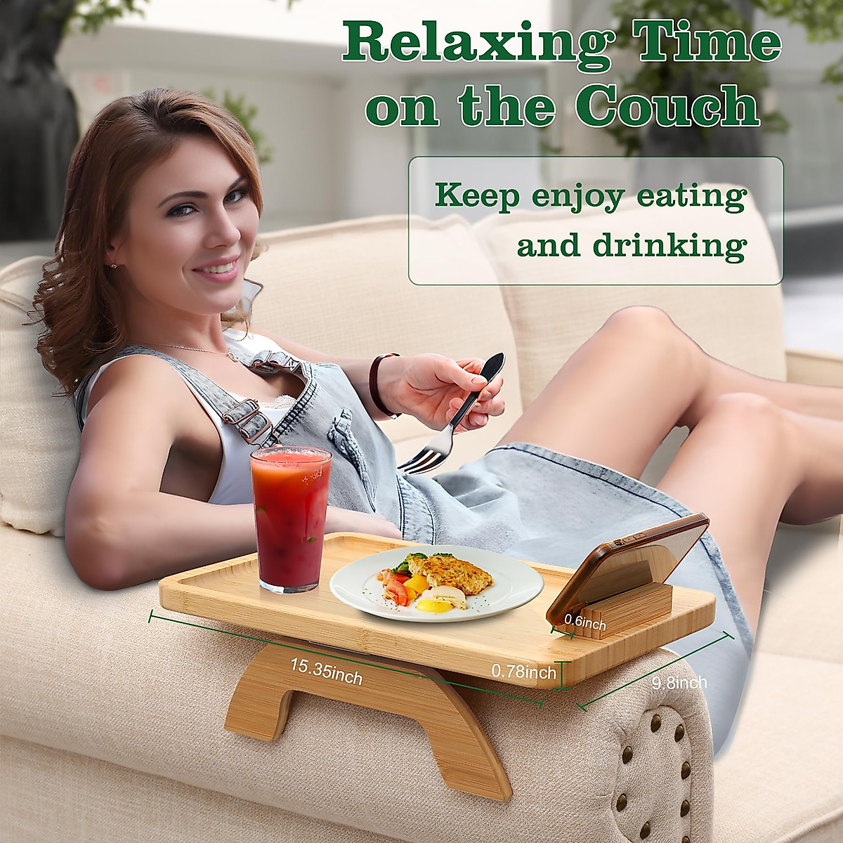 BAMBOOTRAY Couch Arm Table,Sofa Clip on Tray for Armrest Tray,Sofa Arm Table with Phone Holder,Couch Table for Living Room Bedroom,TV Tray Table for Eating & Drinking
