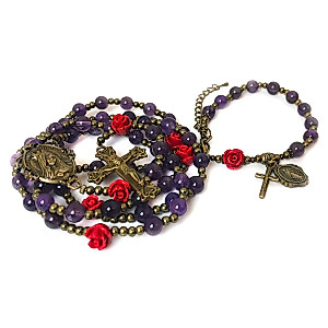 Immaculate Heart of Mary Purple Amethyst Stone and Red Rose Rosary and Bracelet Set - Catholic Rosary - Rosarios Catolicos - Catholic Gifts Women - Regalos Catolicos Para Mujer, Stone, Amethyst
