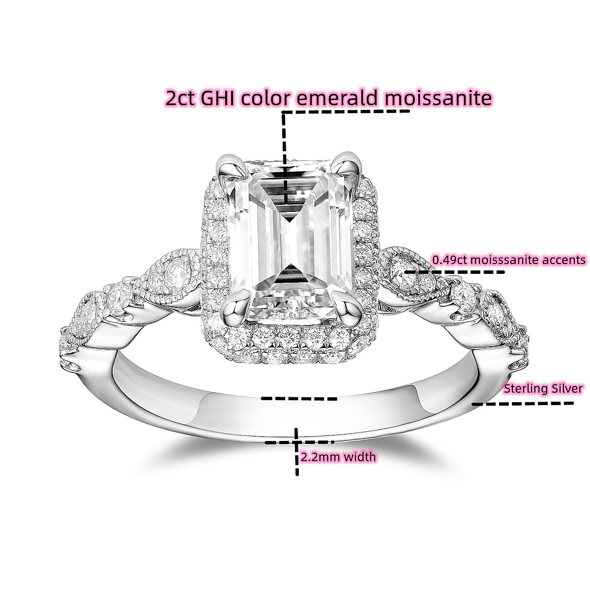 DovEggs Emerald Cut Moissanite Ring for Women Center 2ct 6X8mm GHI Moissanite Hidden Halo Engagement Ring Wedding Ring 14K Gold QUALITY Silver Engagement Rings with accents(8.5)
