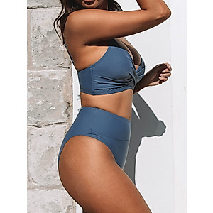 CUPSHE Women's Bikini Sets Two Piece Swimsuit High Waisted V Neck Twist Front Adjustable Spaghetti Straps Bathing Suit, M Blue