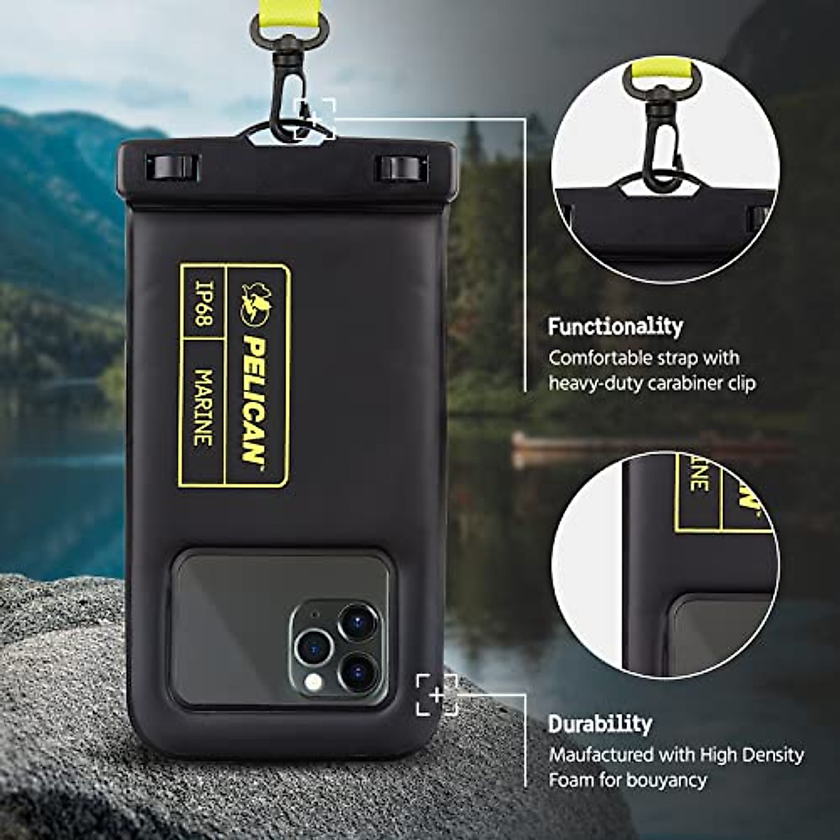 Pelican - Marine Series - IP68 Waterproof Floating Pouch + Roll Top Dry Bag (2L) - Black/Hi Vis Yellow