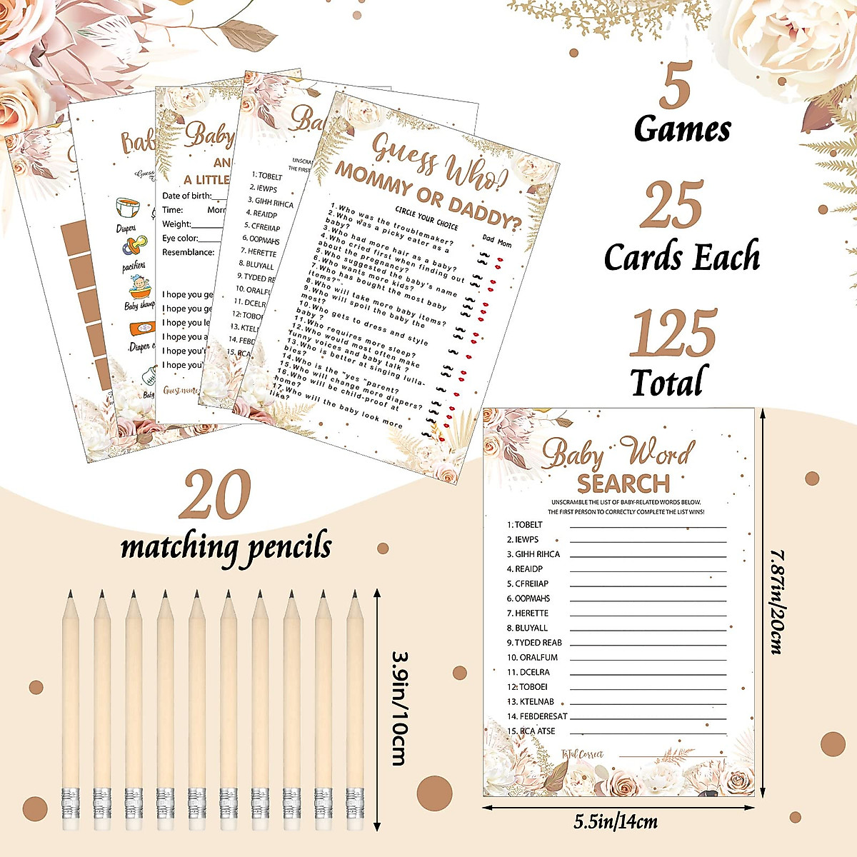 Yinder 145 Pcs Baby Shower Games Activities Cards with 20 Pencils Includes Baby Bingo Description and Wishes Guess Who Price is Right Word Scramble Game(Boho Pampas)