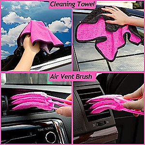 THINKWORK Pink Car Duster Interior Kit, Perfect Car Detailing Kit, Car Detailing Brush Kit for Cleaning Windows,Windshield,Dashboard and Air Vents Suitable for All Cars