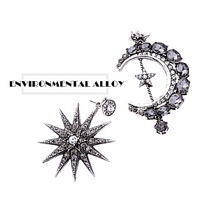 Moon and Sun Earring,Sterling Silver with Rhinestone Punk Earring Asymmetric Ear Line Long Earrings for Women Teen Jewelry Golden Boho Vintage Statement Earrings